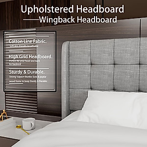 Nathaniel Home Bed Frame Queen Size Platform Bed, Tufted Upholstered Bed with Square Stitched Headboard, Queen Bed Frame with Wingback, Strong Wooden Slats, Easy Assembly…