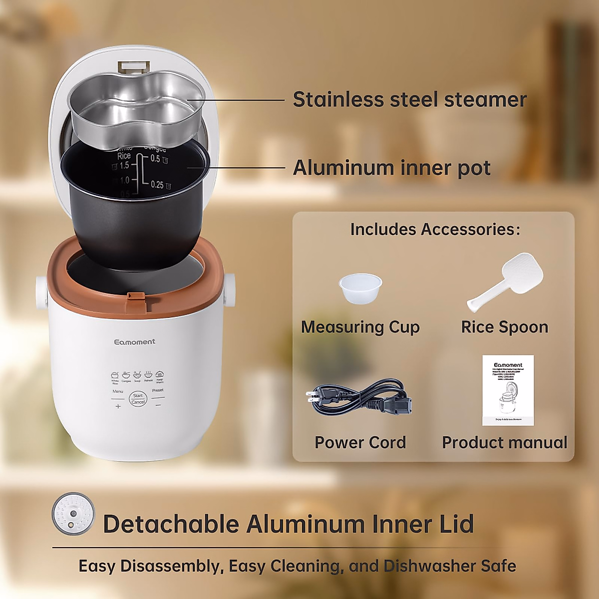 Brown Mini Rice Cooker Small 1 Cup-2 Cup Non-Stick Coated Insert Food Steamer Kitchen Appliances Includes Vegetable Steamer (Mini Rice Cooker-Brown)