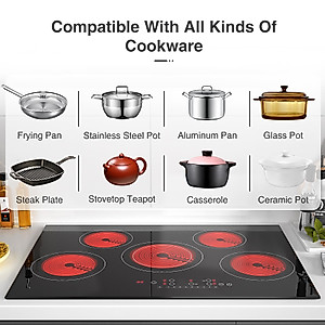 VBGK Electric cooktop 30 inch, 5 burner Electric Stove Built-in and Countertop Electric Stove Top, LED Touch Screen,9 Heating Level, Timer & Kid Safety Lock, 240V 30 inch Electric cooktop