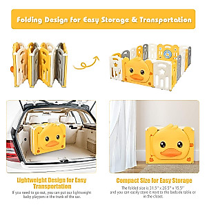 Costzon Baby Playpen, 14-Panel Portable Baby Play Yards with Yellow Duck Pattern, Door with Safety Lock, Indoor Outdoor Foldable Baby Fence with Non-Slip Rubber Bases & Rubber Suction Cups (14 Panel)