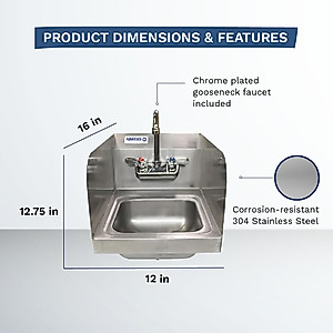 Kratos 28W-091 NSF Commercial Hand Sink with Gooseneck Faucet - 9"Wx9"Dx5"H Bowl - 7-3/4" Side Splashes
