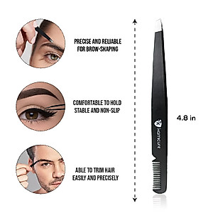 KAMICURE - Professional Tweezers with Comb Feature, Eyebrow Tweezers for Women Facial Hair Slant Tip Stainless Steel Ingrown Hair Tweezer