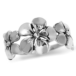 Silvershake 11mm Antique Finish 925 Sterling Silver 3 Plumeria Flowers Ring Size 9