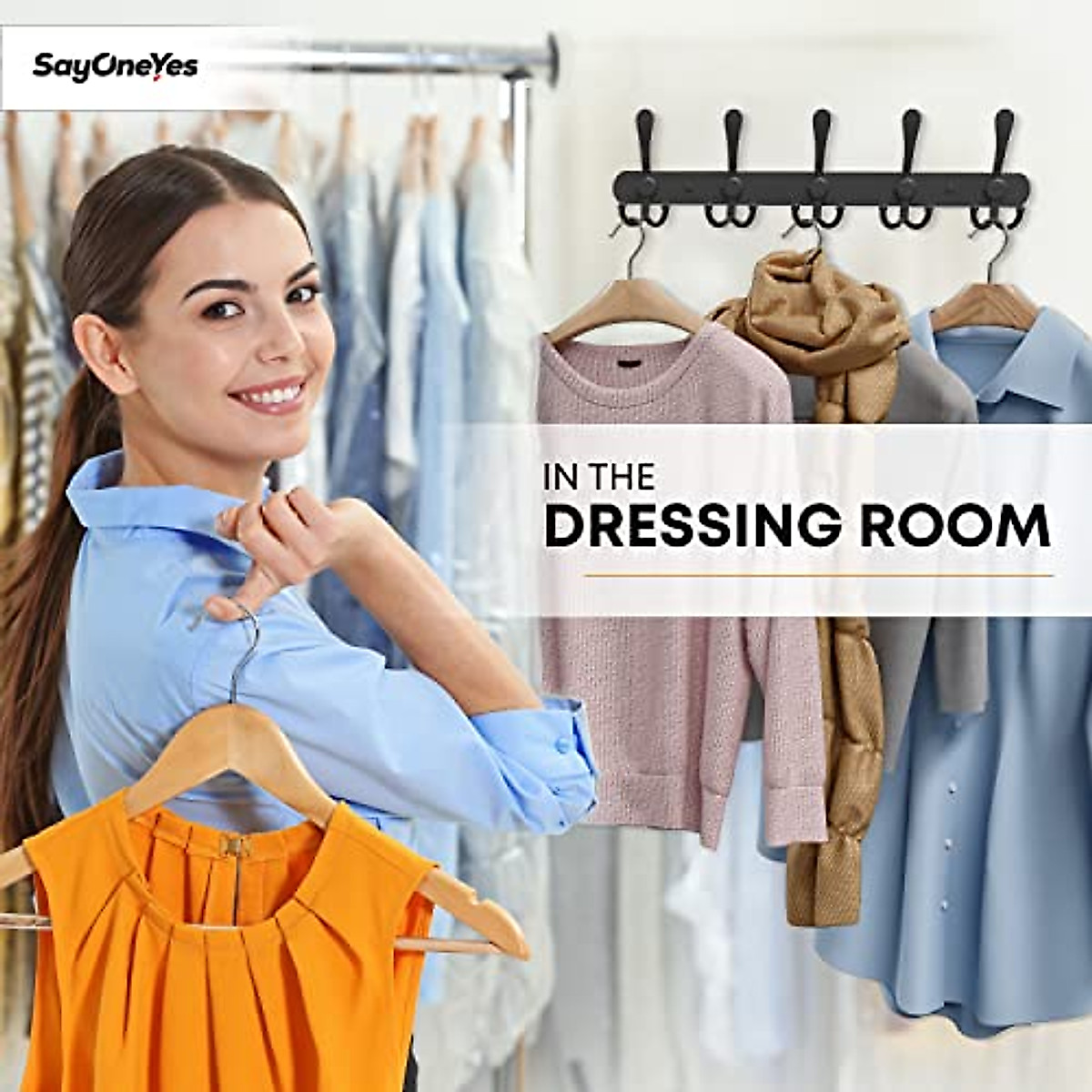 SAYONEYES Black Coat Rack Wall Mount with 5 Tri Hooks for Hanging – 16 Inch Heavy Duty Stainless Steel Rustic Coat Rack Wall Mount – Hat Rack, Hanger, Clothes, Jacket Hooks Wall Mount – 1 Pack