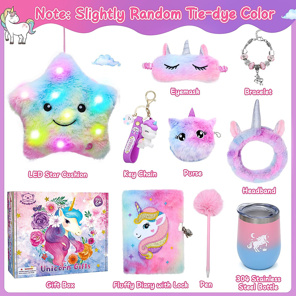 Tacobear Unicorns Gifts for Girls Kids Toys 6 7 8 9 10 Years Old with Star Light Up Pillow Stationery Plush Diary with Lock Headband Eye Mask Water Bottle Teen Girl Birthday Christmas Unicorn Toy