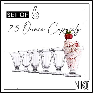 Vikko 7.5-Ounce Footed Ice Cream Cups, Classic Sundae Style Glass Cups, Thick and Durable, For Sundaes, Milkshakes, Ices, Desserts, Set of 6 Dessert Glasses 3.8” x 5”