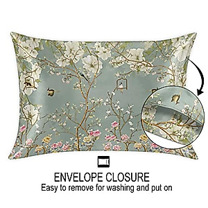 Envelope Closure Satin Pillowcase for Hair and Skin Silk Pillowcase Standard Size Spring Peach Blossom Flower Pattern Pillow Cases Cooling Satin Pillow Covers
