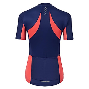 Santic Women's Cycling Jersey Short Sleeve Biking Shirt Full Zip Tops with 3 Pockets Breathable Quick Dry Navy