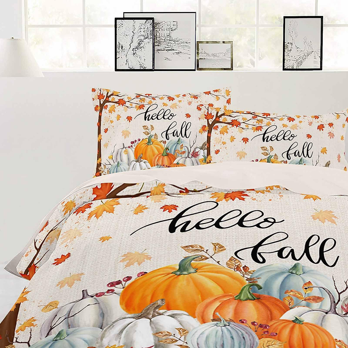 DecorLovee Hello Fall Duvet Cover Set 3 Pieces with Zipper Closure, Pumpkins Autumn Botanical Thanksgiving Rustic Bedding Sets 1 Duvet Cover & 2 Pillow Cases, Comforter Cover Set Duvet Cover Queen