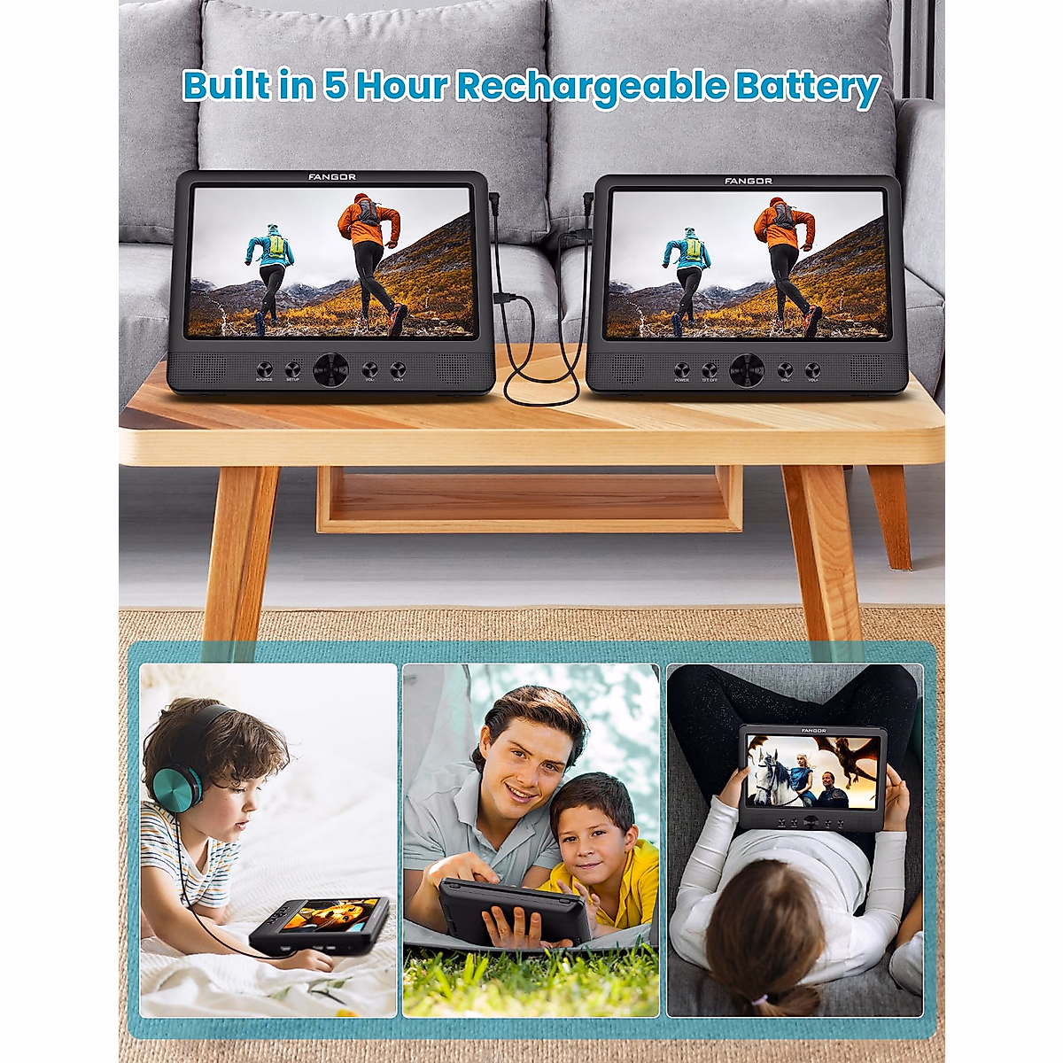 FANGOR 10.5" Portable DVD Player for Car, Car DVD Player Dual Screen with HDMI Input/Output, Support Full HD Transmission, USB/SD, 5 Hours Rechargeable Battery, Last Memory (1 Player+1 Monitor)