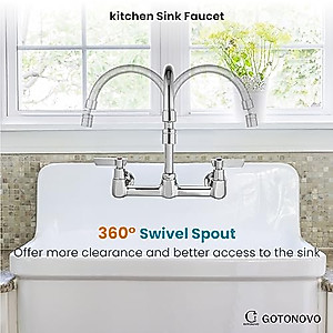 gotonovo Polish Chrome 8 Inch Center Wall Mount 360 Degree Swivel Spout Double Handles Kitchen Sink Faucet Kitchen Commercial Sink Utility Laundry Sink Mixer Tap