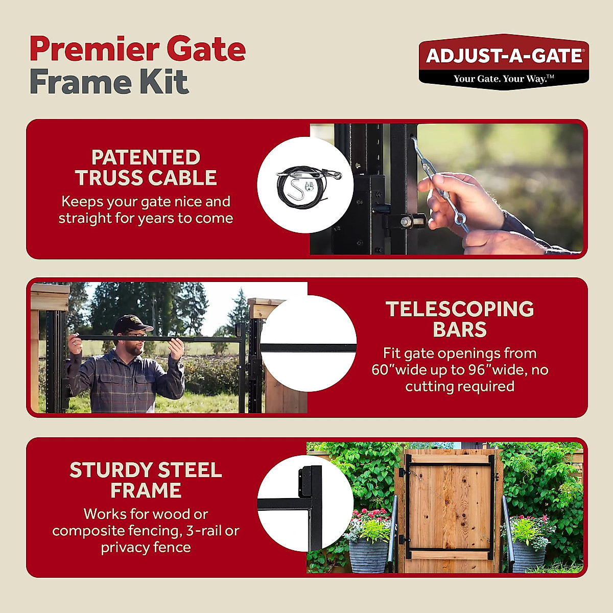 Adjust-A-Gate Steel Frame Gate Kit, 36"-60" Wide Opening Up To 7' High (4 Pack)