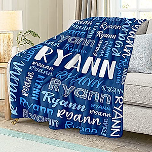 Personalized Blanket with Name - Custom Blankets for Girls Boys Adults Baby - Monogrammed Soft Flannel Blankets and Throws - Gift Blanket for Christmas Birthday Valentines Day (Blue-1)