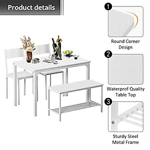 SogesHome 43.3'' Kitchen Dining Table Set for 4, 4 Piece Kitchen Table Bench Chairs Setfor 4, Space-Saving Table Set for Restaurant, Coffee Shop,White