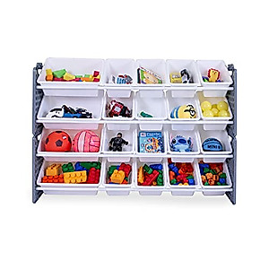 UNiPLAY Toy Organizer with 20 Removable Storage Bins, Multi-Bin Organizer for Books, Building Blocks, School Materials, Toys with Baseplate Board Frame (Gray)