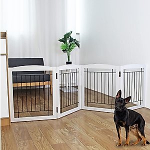 ZJSF Freestanding Foldable Dog Gate for House Extra Wide Wooden White Indoor Puppy Gate Stairs Dog Gates Doorways Tall Pet Gate 4 Panels Fence