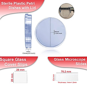 Sterile Plastic Petri Dishes Set, 50 Pcs Pre-Cleaned Blank Microscope Slides, 100 Pcs 20x20mm Square Cover Glass, 5 Pcs 90mm Diax15mm Deep Lab Petri Plate Dish with Lid and 10 Test Pipette Droppers