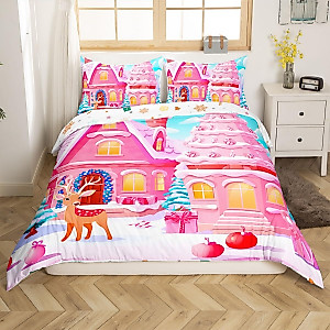 Feelyou Christmas Pink Comforter Cover Set Cute Deer Print Bedding Set Full Size for Kids Boys Girls Bedroom Bed Decor Xmas Christmas Duvet Cover Soft Bedspread Cover,No Comforter