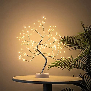 Bonsai Tree Light Silver Matte 20 Inches Artificial Tabletop Fairy Light Tree Lamp,Eight Lighting Modes,USB or Battery Operated with Timer,Decor of Bedroom,Living Room,Christmas (Warm White)