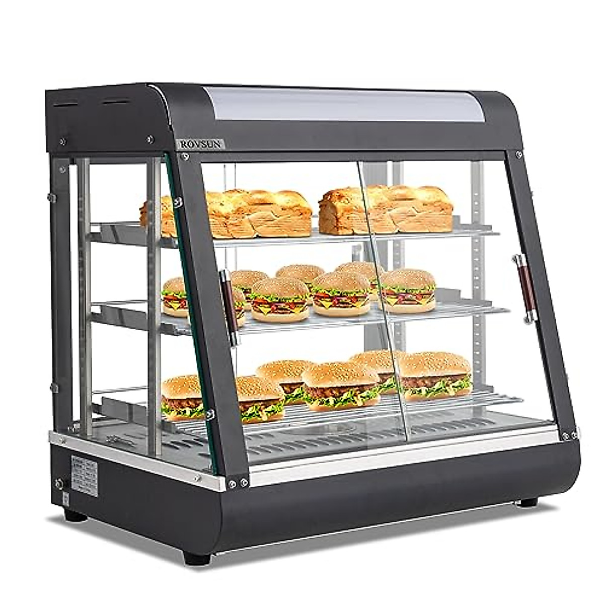 ROVSUN 26" Food Warmer, 3-Tier Food Warmer Display Electric Pizza Warmer Commercial Countertop w/LED Lighting Adjustable Removable Shelves Glass Door, Pastry Display Case for Buffet Restaurant 1200W