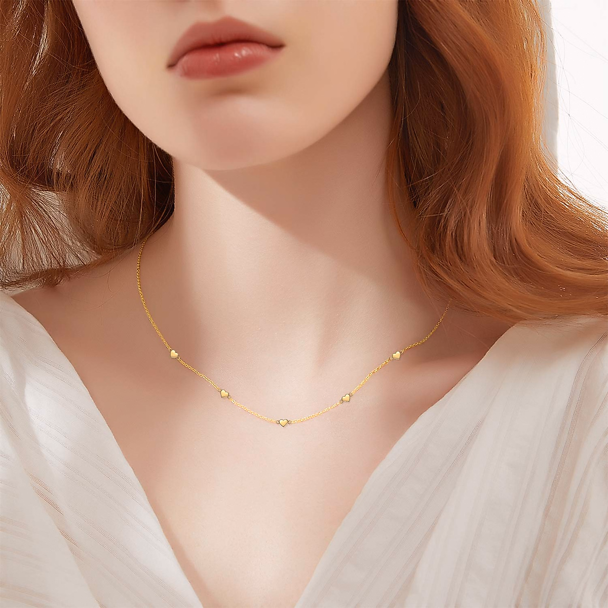 Yafeeso Solid 14K Gold Heart Necklace for Women Heart Station Pendant Necklace Love Heart Jewelry Anniversary Birthday Gifts for Her, 16+2 Inch