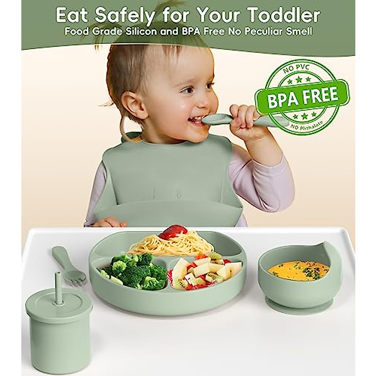 Silicone Baby Feeding Set, Complete Baby Led Weaning Supplies Bpa Free, 8 Pack Baby Eating Supplies with Infant Suction Bowl and Plates, Bowl Cup Spoon and Fork Set, Infant Utensils Dish for Baby