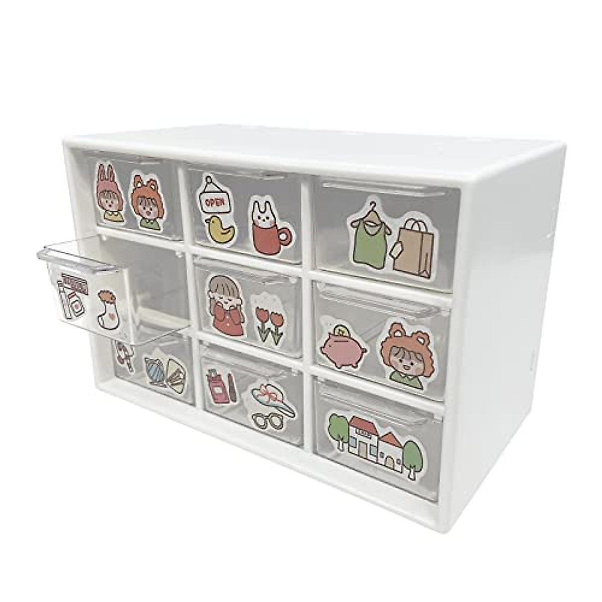 HMIEPRS Mini Plastic Storage Organizer and Cute Stickers, Mini Drawer Organizer with 9 Craft Cases, Desktop Organizer Clear Acrylic Storage Box for Handmade Accessories or Sundries (White)