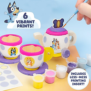 Bluey Paint & Play Tea Party, 6-Piece Wooden Tea Set, Customize with Paint & Bluey Stickers, 2 Wearable Crowns, Fun Toys for Kids, Cute Birthday Party Decorations, Pretend Play Tea Party, Bluey Toys