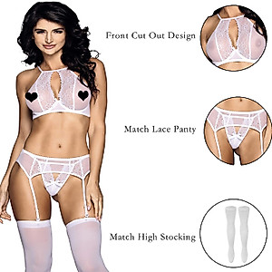 XSPICE White Garter Lingerie For Women,Lingerie Set Garter Belts And Stocking Sets 4PCS