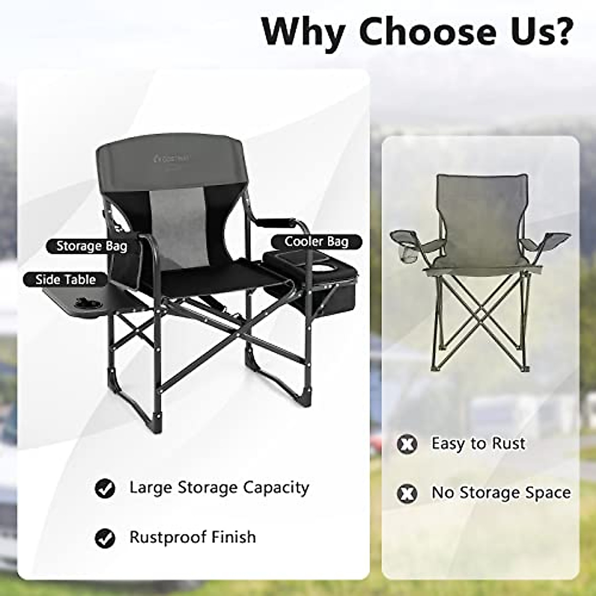 COSTWAY Folding Camping Chair, Heavy-Duty Director Chair Supports 400lbs for Adults with Side Table, Cooler Bag, Storage, Strap, Portable Makeup Chair Suitable for Fishing Picnic, Black