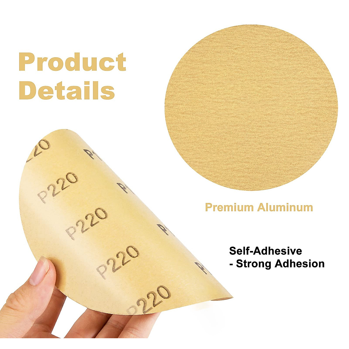 MIDO Professional Abrasive Gold PSA Sandpaper 6 Inch 100 PCS Sanding Discs 220 Grit Self Adhesive Stickyback Sandpaper Roll Aluminum Oxide Adhesive Backed Sandpaper for Wood, Metal, and Car Paint