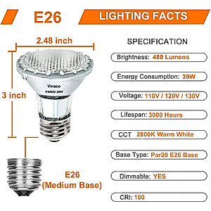 Vinaco PAR20 Flood Light Bulb, 6 Pack PAR20 Flood 39W 120V 480 Lumens (PAR20 50W Equivalent), Long Lifespan Halogen 39W PAR20 Dimmable with Warm White 2800K, PAR20 Halogen Flood Light with PAR20 E26