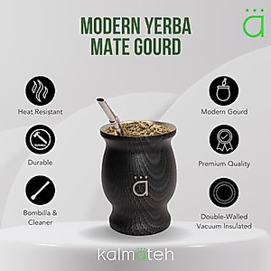 Kalmateh Yerba Mate Gourd Set - Traditional Modern Mate Cup Includes Bombilla Filter Straw and Cleaning Brush- Double Walled Stainless Steel (Turquoise, 8.6 oz)