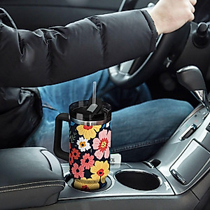 Yasala Car Tumbler with Handle Spring Vivid Flower Travel Mug Coffee Cup Insulated Beverage Container Mega Cup for Hot Cold Drinking Thermos Water Bottle Cupholder Friendly 40 oz