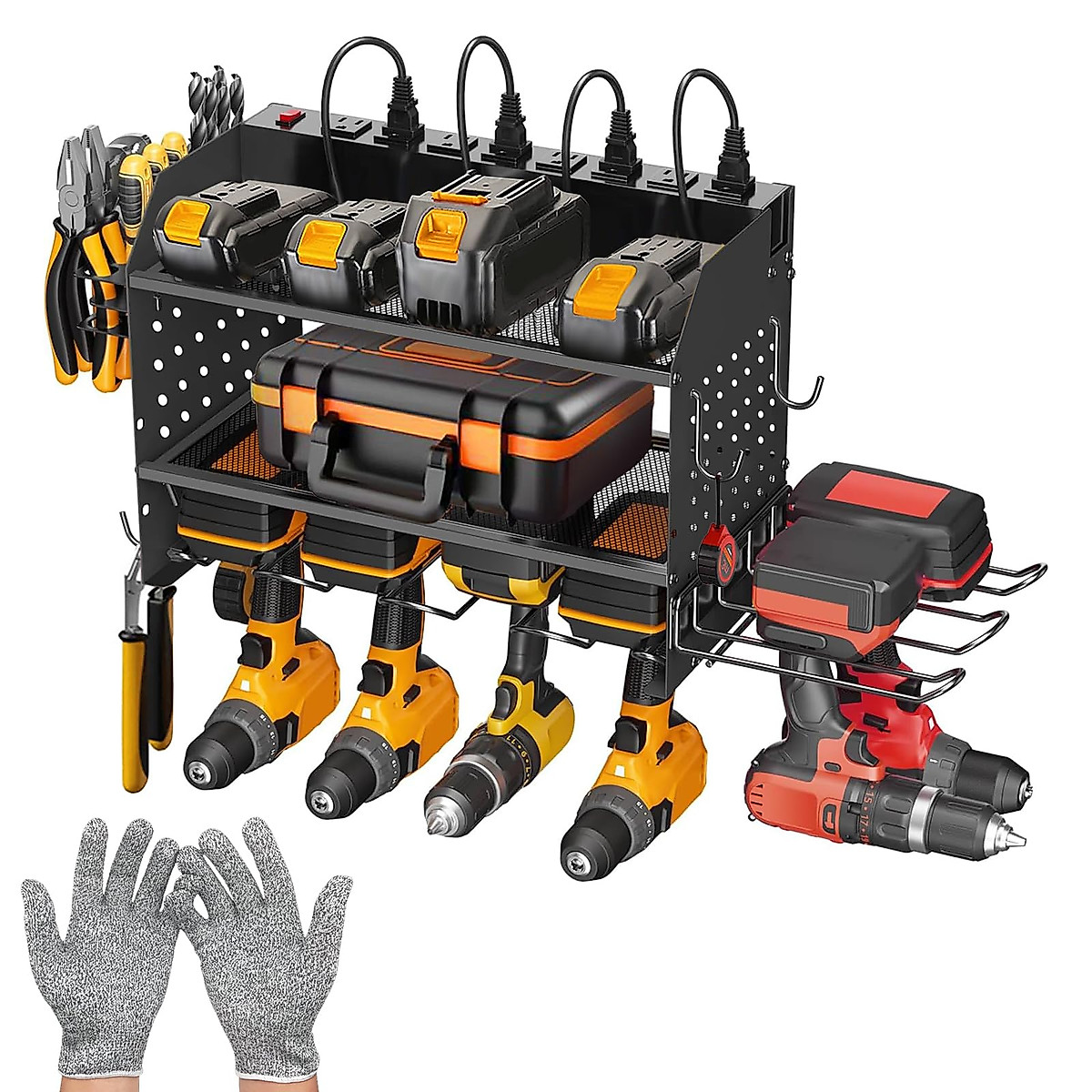 Havenfly Power Tool Organizer Wall Mount with Power Strip, 6 Drill Holder, Heavy Duty Metal Drill Storage Shelf with 8 Hooks, 3 Layer Storage Shelf with 2 Side Pegboards, Ideal Gifts for Men