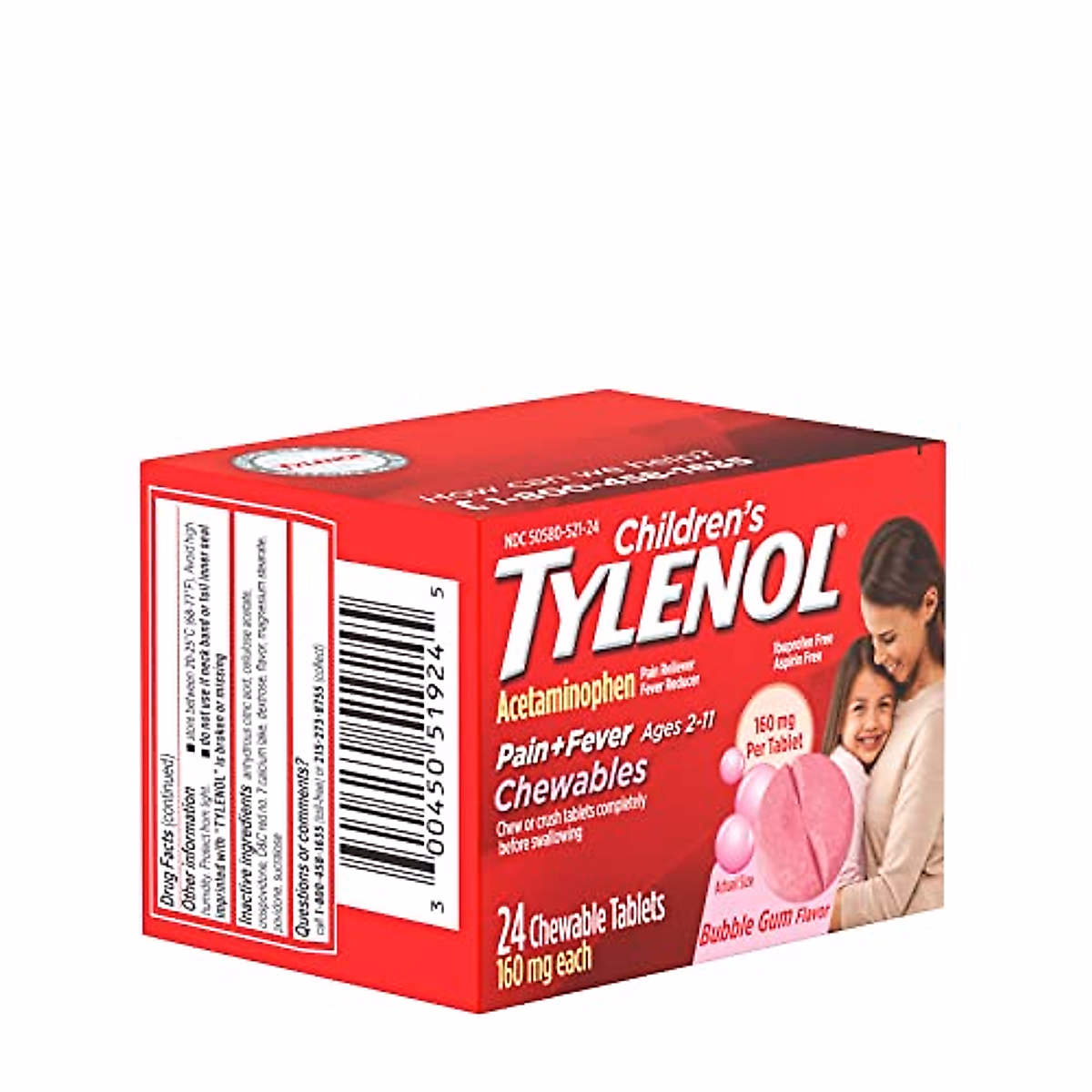 Tylenol Children's Chewables with 160 mg Acetaminophen, Pain Reliever & Fever Reducer for Kids' Cold + Flu Symptoms, Headache, Sore Throat & Toothache, Aspirin-Free, Bubble Gum, 24 ct