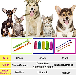 Zeyaa 10 Pack Pet Dog Toothbrush, 2 Triple Head Pet Toothbrushes 3 Double Head Tooth Brush 5 Pack Finger Rubber Toothbrushes, Multi-Angle Dental Cleaning Brushes for Dog Cat Oral Dental Health