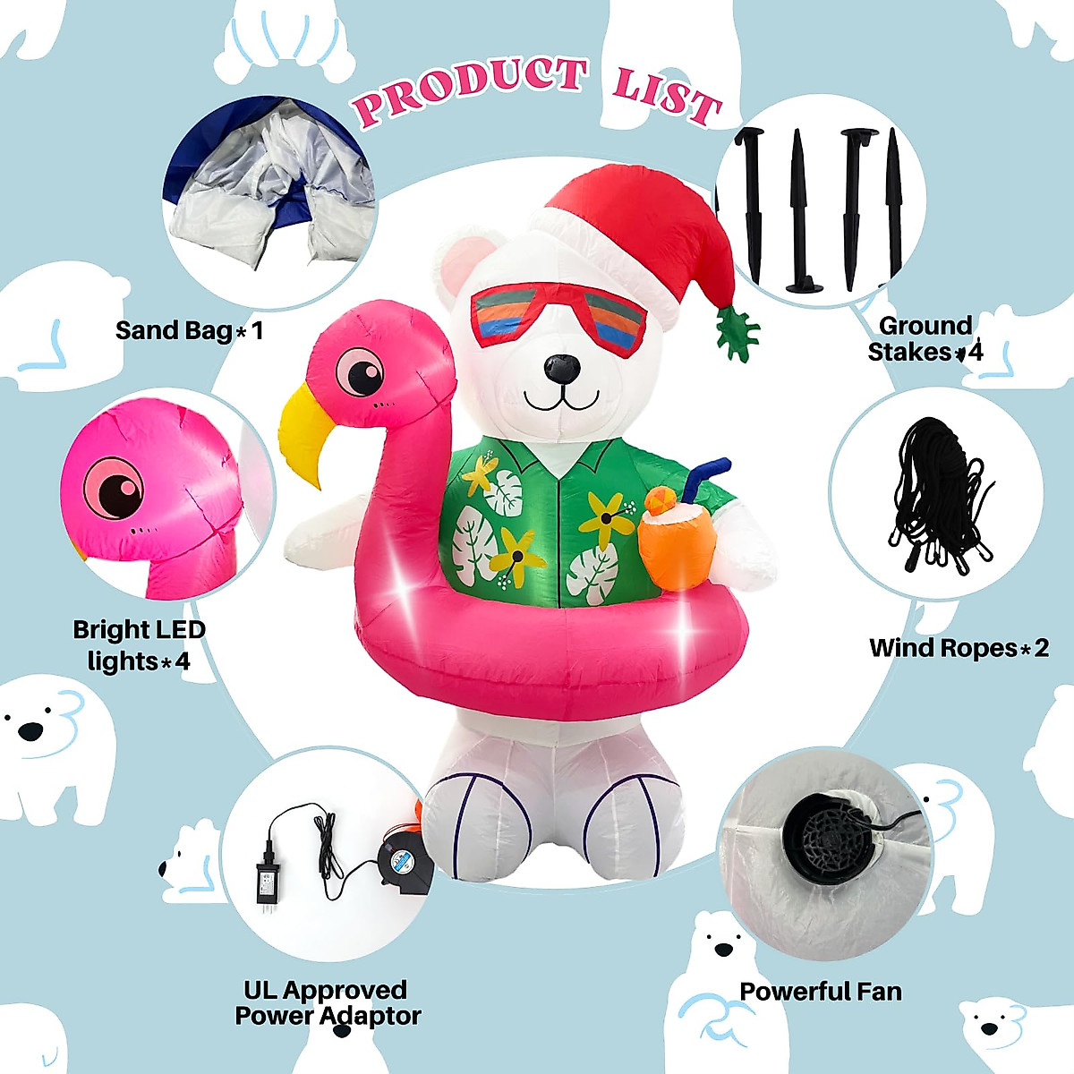 Kofero Christmas Inflatables Outdoor Decorations 6FT Hawaii Polar Bear Cute Blow up Xmas Decoration with Led Lighted Inflatable Yard Décor for Indoor Outside Holiday Party Garden Lawn