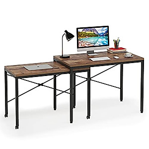 Tribesigns Two Person Computer Desk Double, 39" Simple Small Desks for Small Spaces, Large Writing Workstation + Modern Mini Table on Wheels Lockable, Home Office Desks for Bedroom Farmhouse Brown