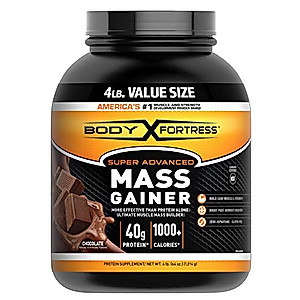 Body Fortress Super Advanced Mass Gainer Whey Protein Powder, Gluten Free, Chocolate, 4 Lb