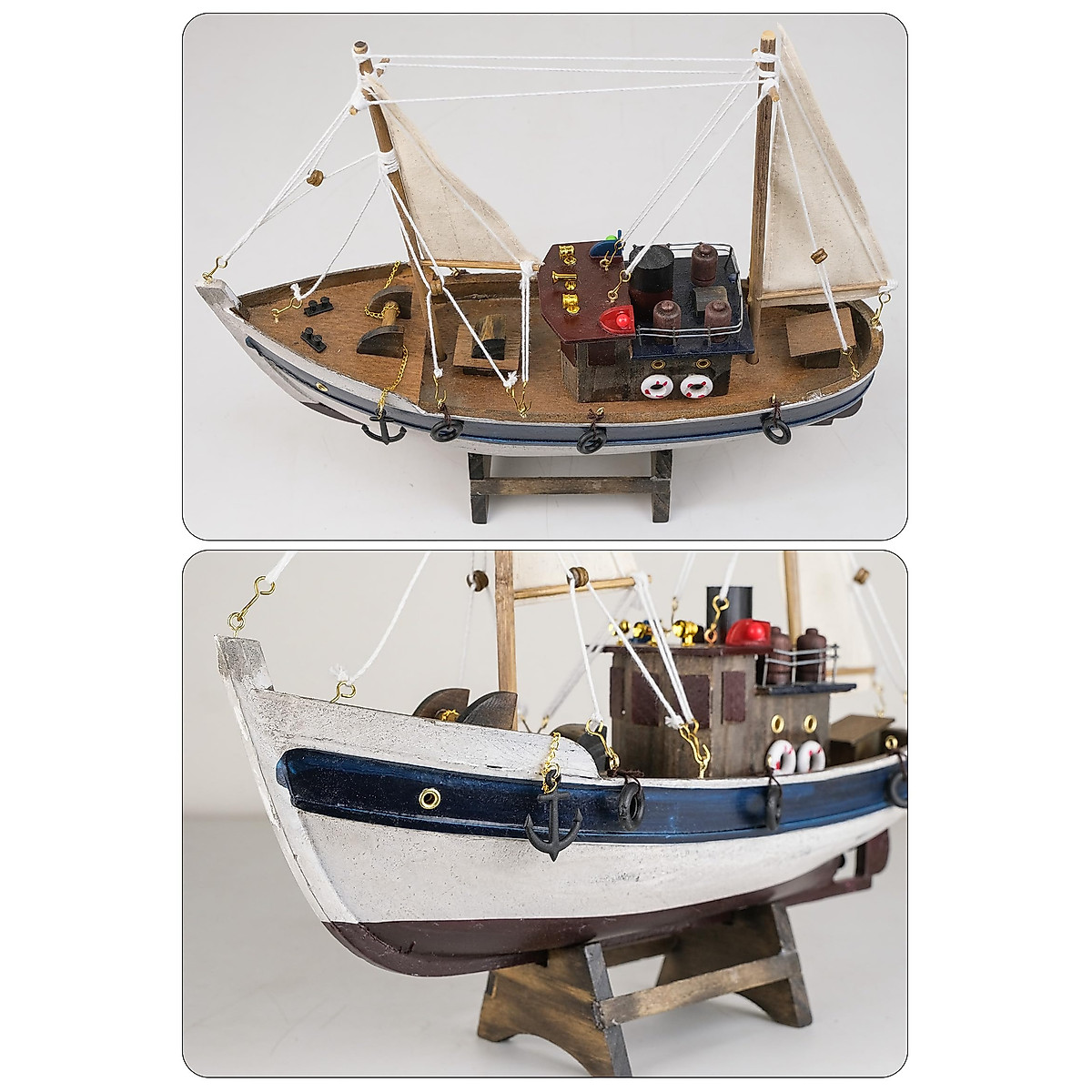 SAILINGSTORY Wooden Fishing Boat Model Sailboat Decor Ship Model Distressed Finish