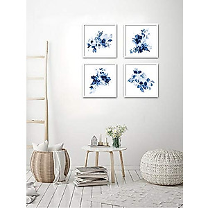 ArtbyHannah 4 Pack 10x10 Framed Blue Wall Art Set with White Frame Floral Print for Bathroom Bedroom Home Decoration