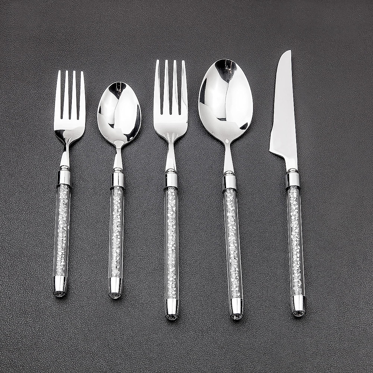 SHYFOY 5 Piece Modern Bling Silverware Set, 18 8 Stainless Steel Flatware, Mirror-Polished Luxury Cutlery, Crushed Diamond Dinner Service, Fork Knife Spoon, Teaspoon/Salad Fork Dishwasher Safe