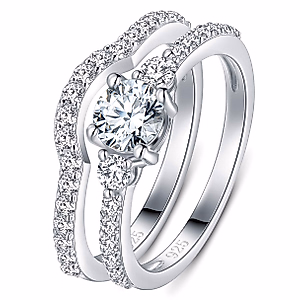 BORUO 925 Sterling Silver Ring, Cubic Zirconia CZ 2pc Wedding Band Stackable Ring Set Size 7