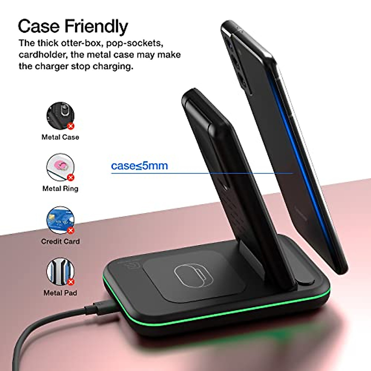 Wireless Charger for Samsung/Android, HOLYJOY Foldable 3 in 1 Fast Charging Station/Stand/Multi Charger for Samsung S23/S22/S21/S20/Note 20, Travel Pad for Galaxy Watch 5/4/3/Active 2, Buds(Black)
