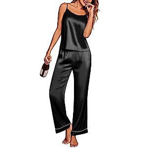 Ekouaer Satin Sleep Set for Women Spaghetti Strap Silk Pajamas Loose Fit Nightwear with Pockets(Black,XXL)