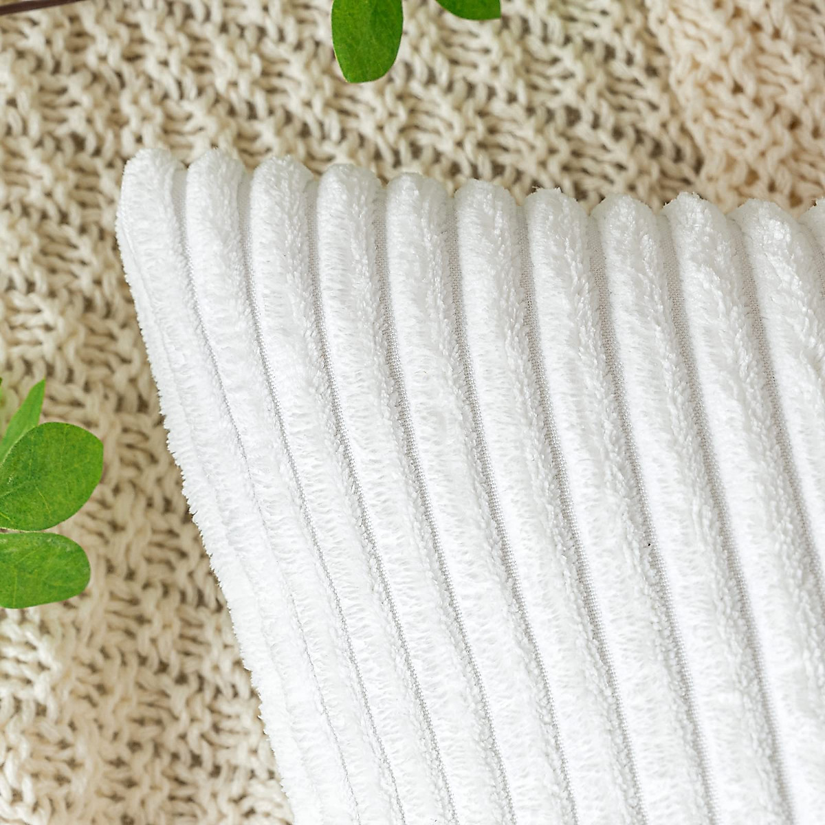 EMEMA Throw Pillow Covers Corduroy Decorative Soft Striped Square Cushion Covers Spring Pillowcases for Couch Sofa Bedroom Chair Car 18x18 Inch Pack of 2, White