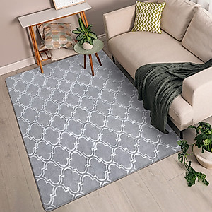 Chicrug Shag Geometric Modern Area Rug for Living Room, 7x10 Feet Large Memory Foam Indoor Carpet, Fluffy Rug for Bedroom Bedside Room Decor for Family Girls Kids Nursery, Grey/White