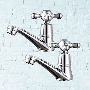 DOITOOL 2 Pcs Basin Taps Mixers Bathroom Sink Tap Basin Mixer Tap Single Lever Basin Faucet Cross Handle Cold Water Sink Basin Taps for Bathroom Kitchen ((Blue Drop Model)