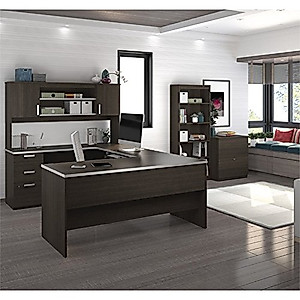 Bestar Ridgeley Executive Computer Desk with Hutch, a lateral File Cabinet, and a Bookcase, Dark Chocolate